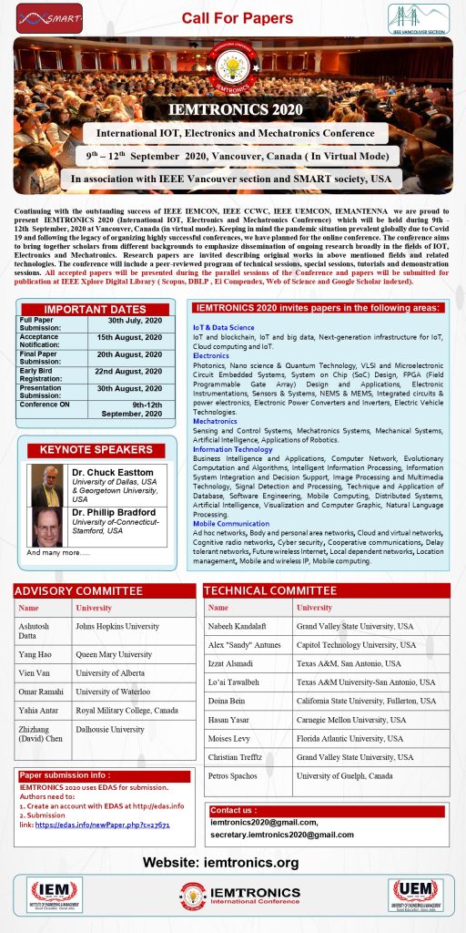 IEMTRONICS 2020(International IOT, Electronics and Mechatronics ...