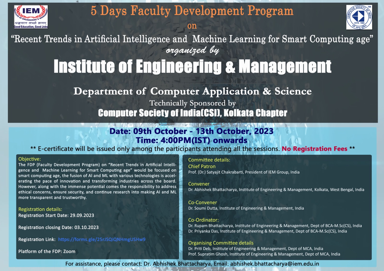 FDP On Recent Trends in Artificial Intelligence and Machine Learning for Smart Computing - IEM Group