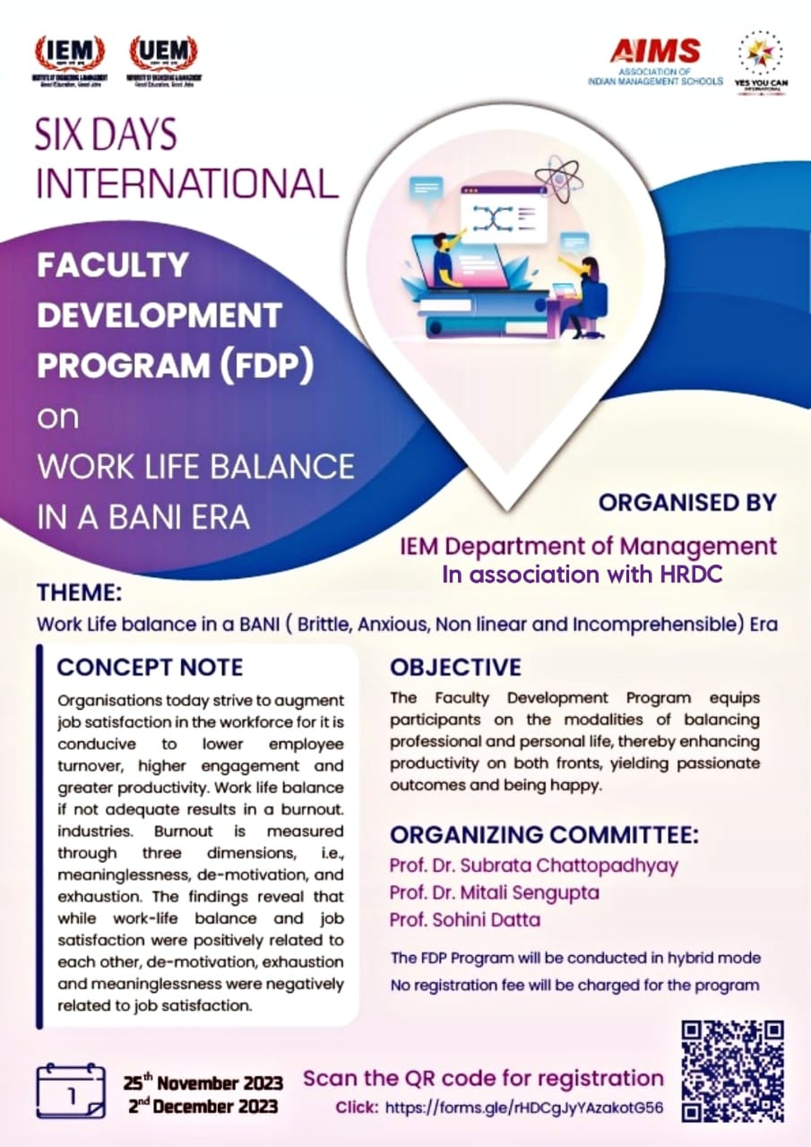 International Faculty Development Program (FDP) on Work-Life balance in a BANI Era. - IEM Group