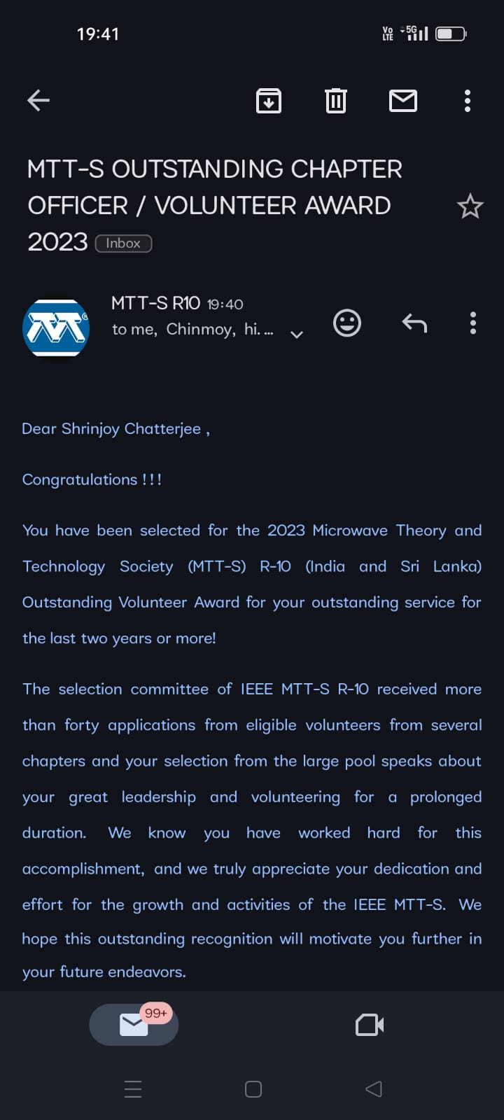 Students Achievement: Best outstanding volunteer award from MTTS chapter - IEM Group